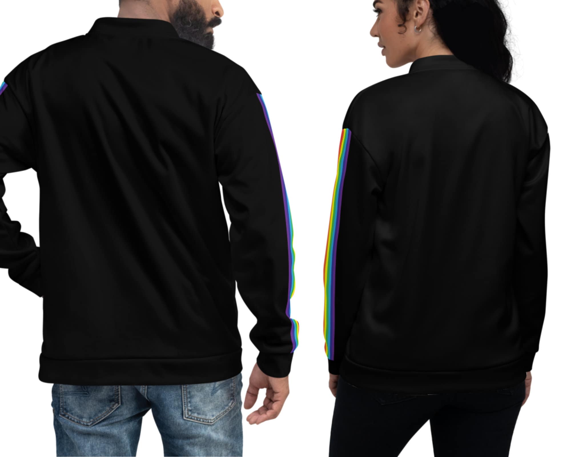 Rainbow Flag Jacket, Trendy Retro Style Black Rainbow Stripe Jacket ...