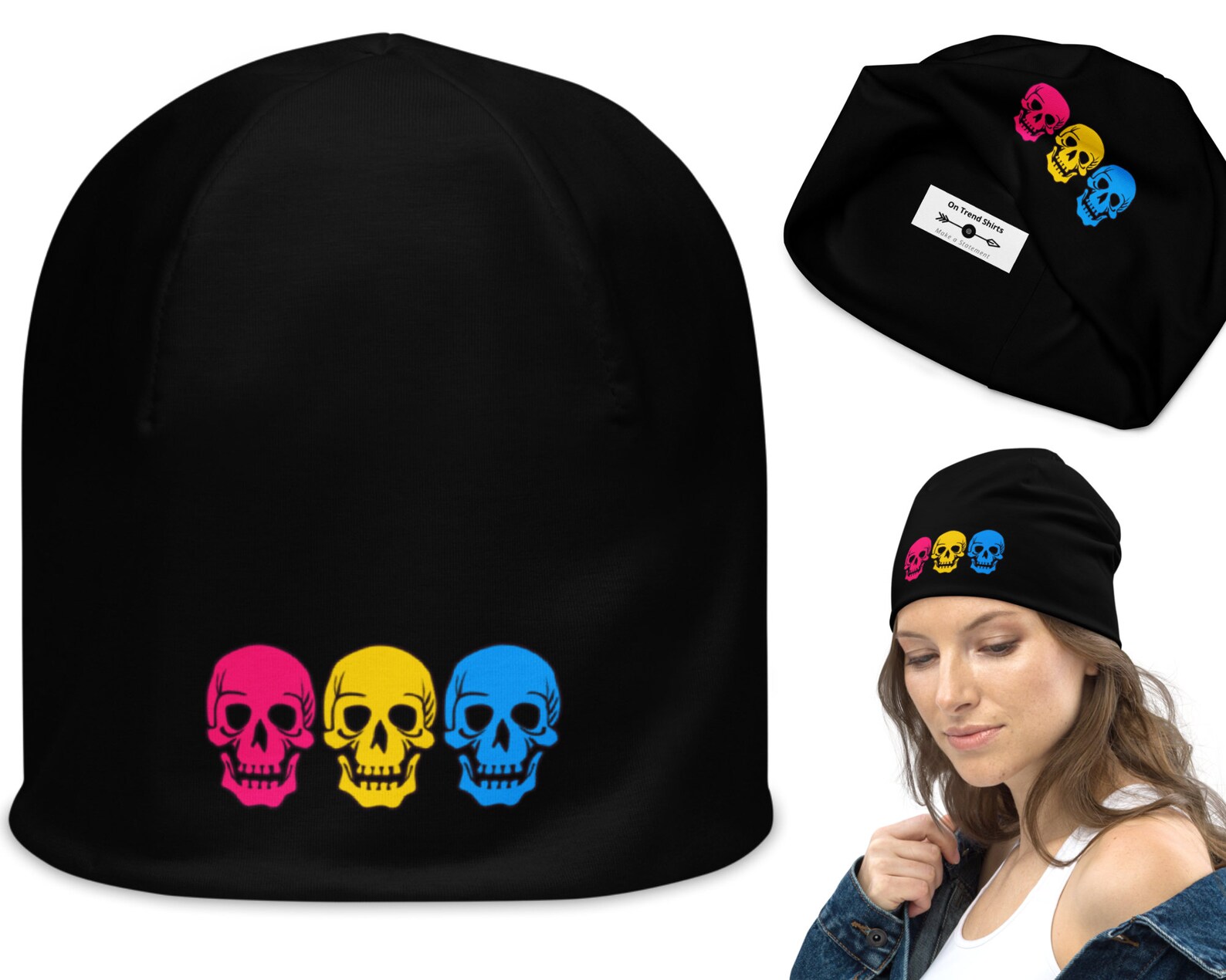 Pansexual Skulls Beanie, Gothic Pansexual Beanie Hat, Subtle Pan Pride ...