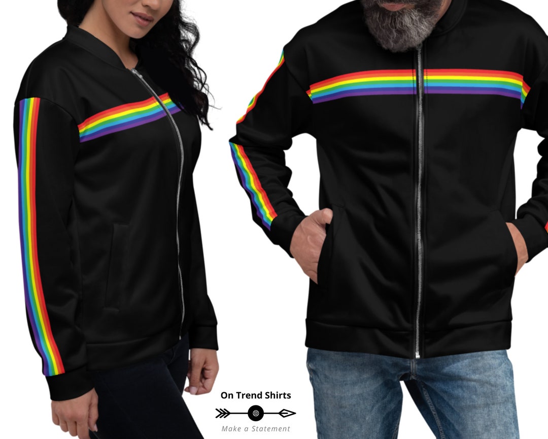 Rainbow Flag Jacket, Classic Retro Style Black Rainbow Stripe Jacket ...