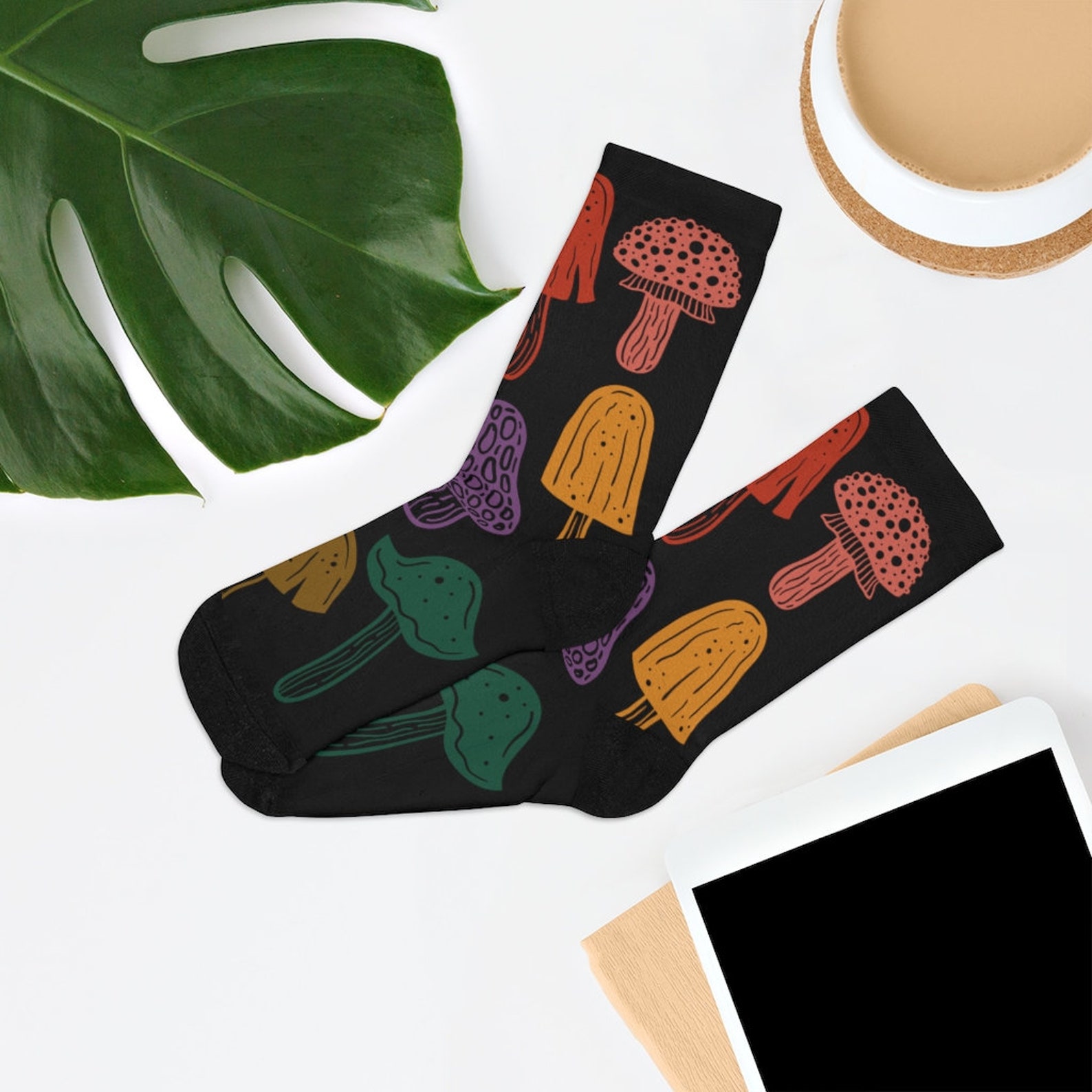 Colorful Mushroom Socks, Mushroom Illustration Socks, Cute Fungi Socks ...