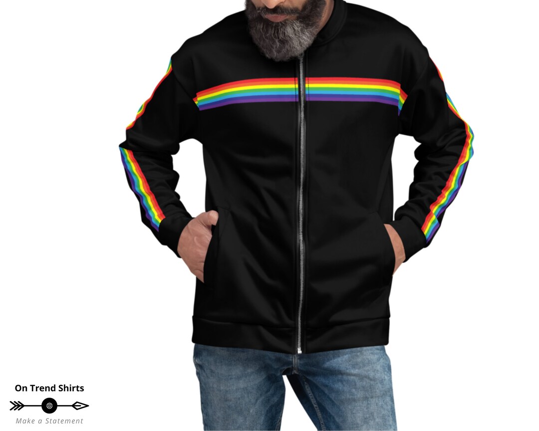 Rainbow Flag Jacket, Trendy Retro Style Black Rainbow Stripe Jacket ...