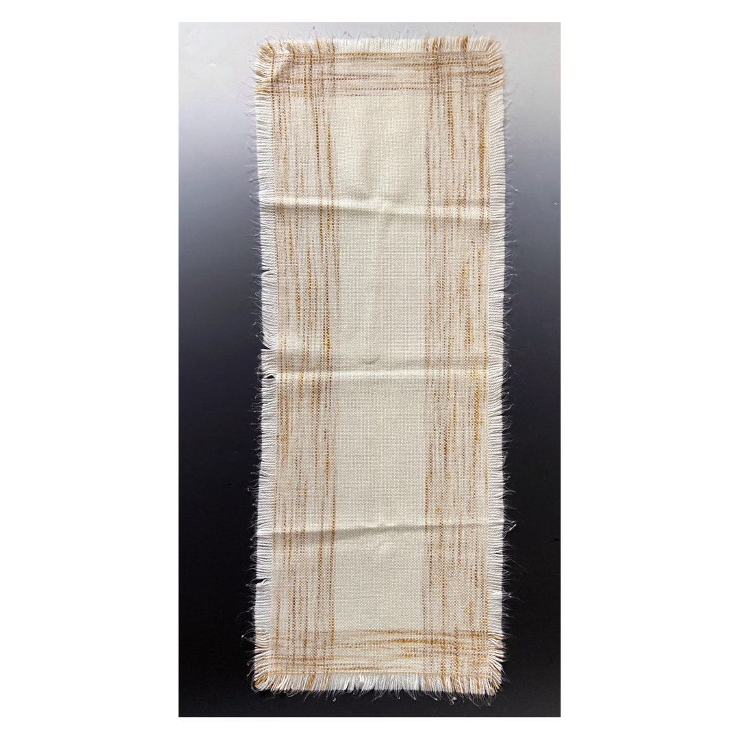 60s Vintage Woven Table Runner. Rectangular Ivory and Beige Wool Table ...