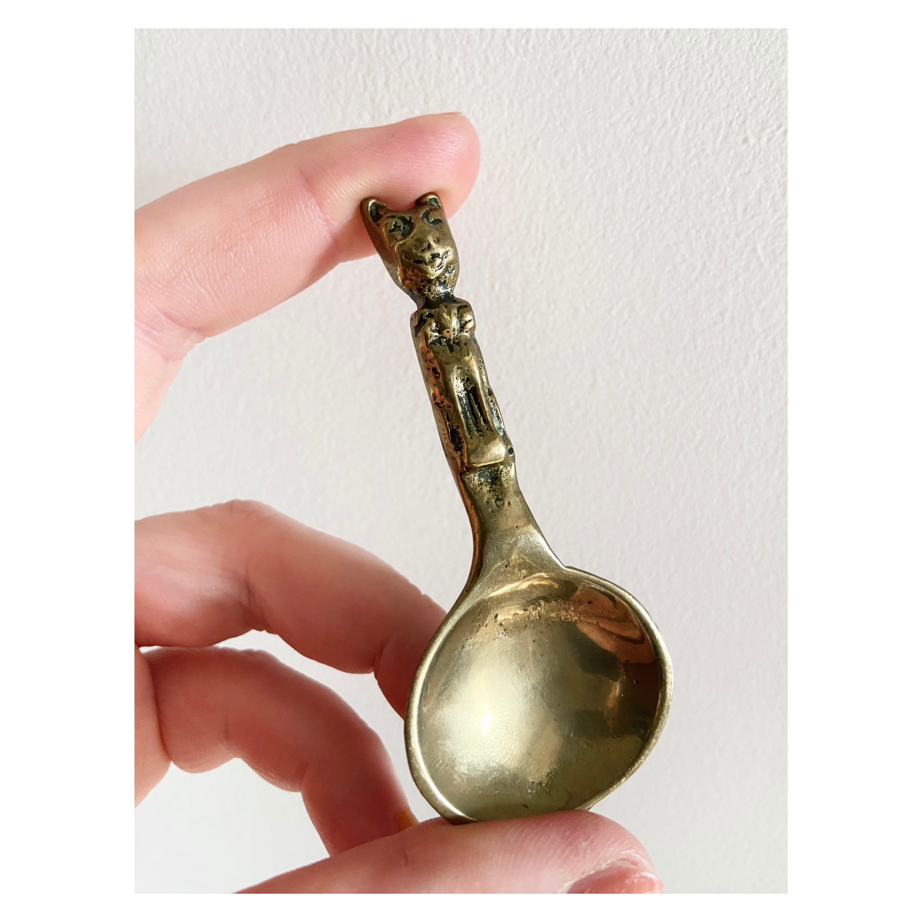 Vintage Brass Spoon With Cat Figure. Antique Collectible Ceremonial ...