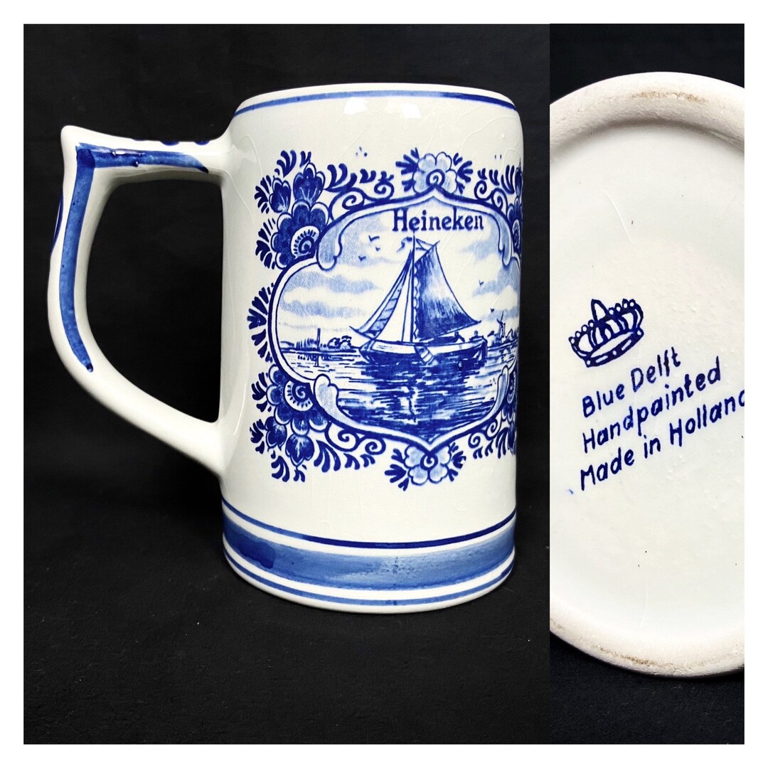 70s Vintage Heineken Beer Jug. Delft Blue Hand Painted Beer Tankard. White and Blue Ceramics Jug ...