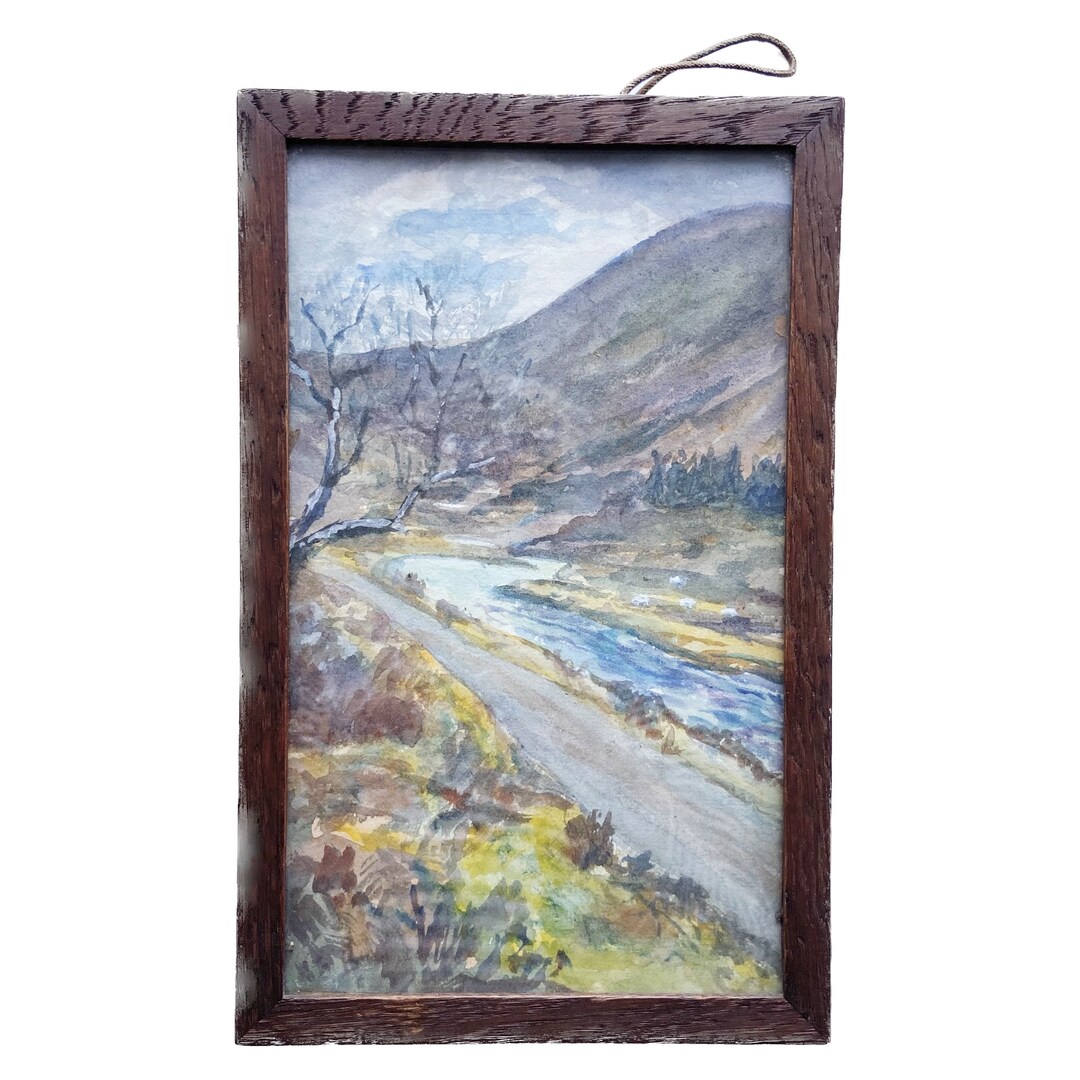 British Landscape Watercolour in Brown Timber Frame. Bankside Near the ...