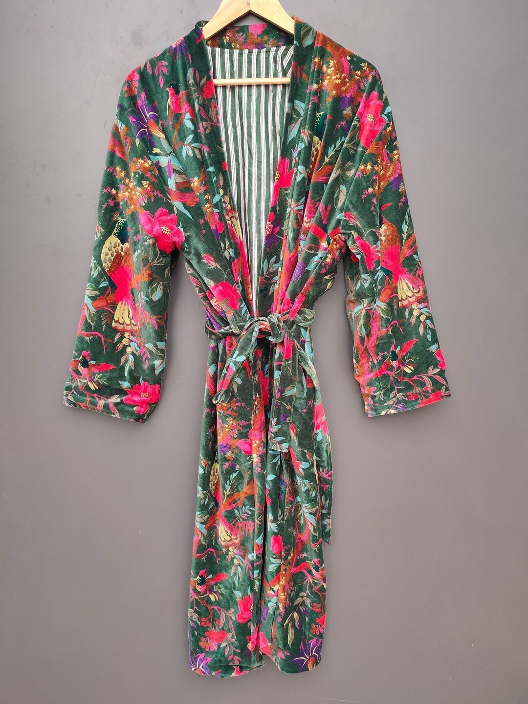 OFMD Bird Print Velvet Banyan Fabric Kimono Cotton Velvet Robe Long ...