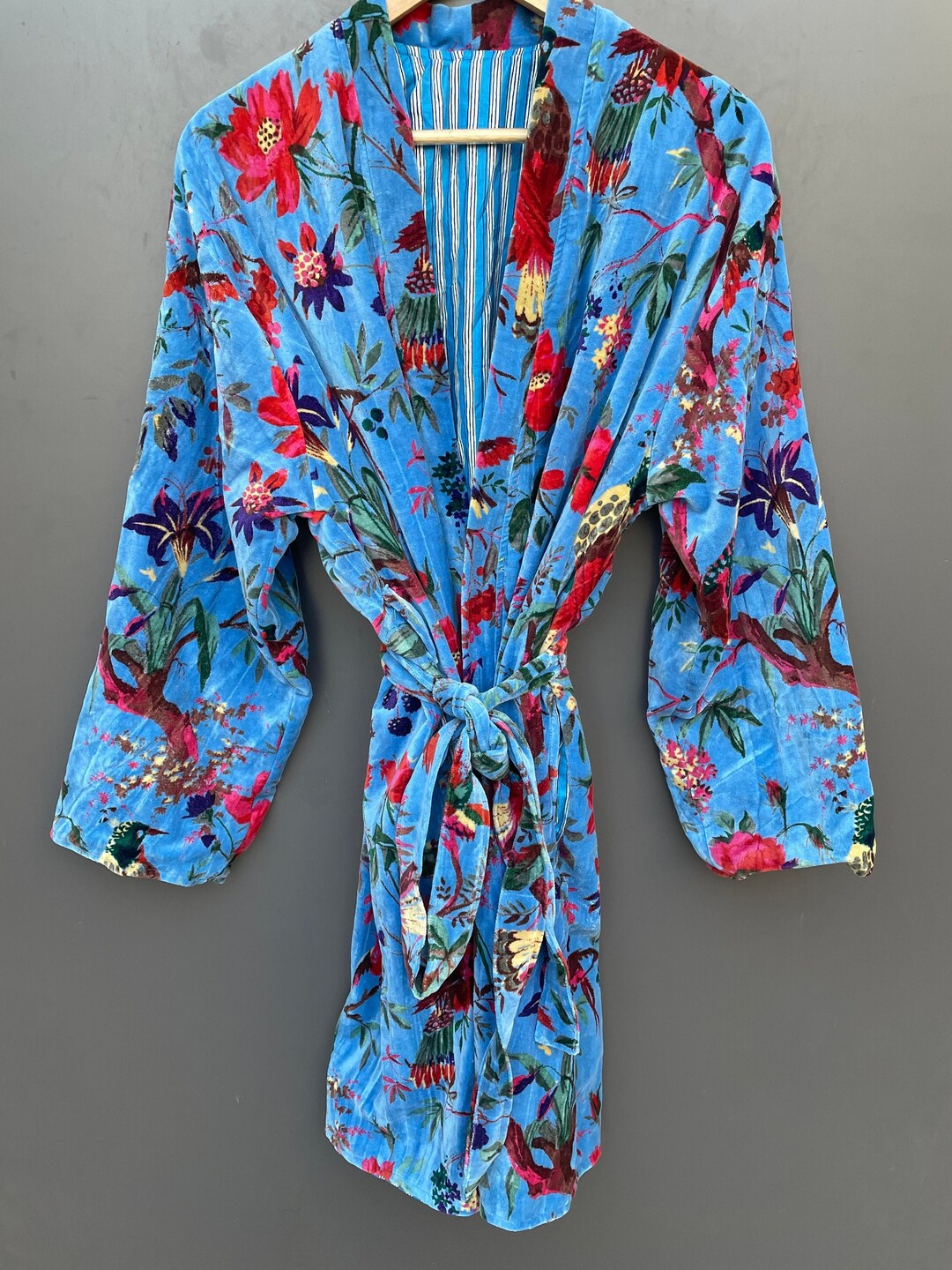 OFMD Bird Print Velvet Banyan Fabric Kimono Cotton Velvet Robe Long ...