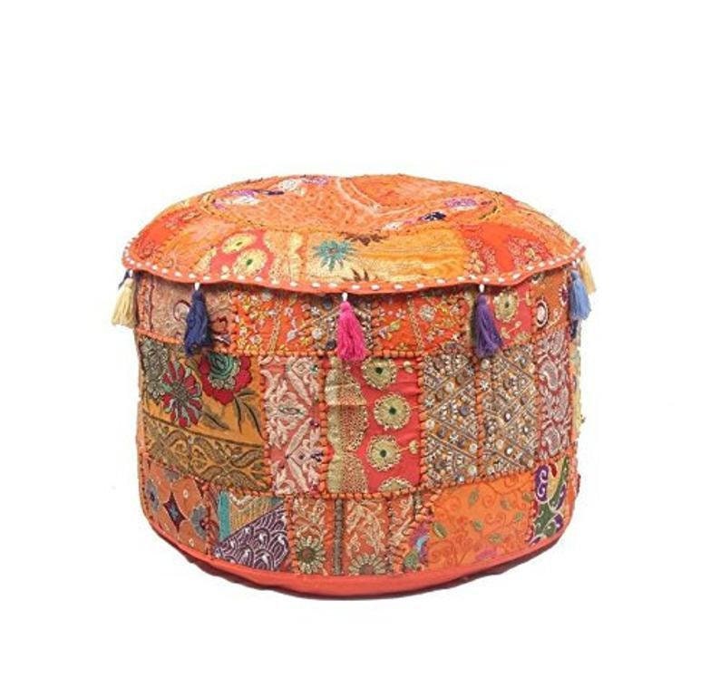 Embroidered Cotton Pouf Cover: Vintage Patchwork Ottoman, Bohemian ...