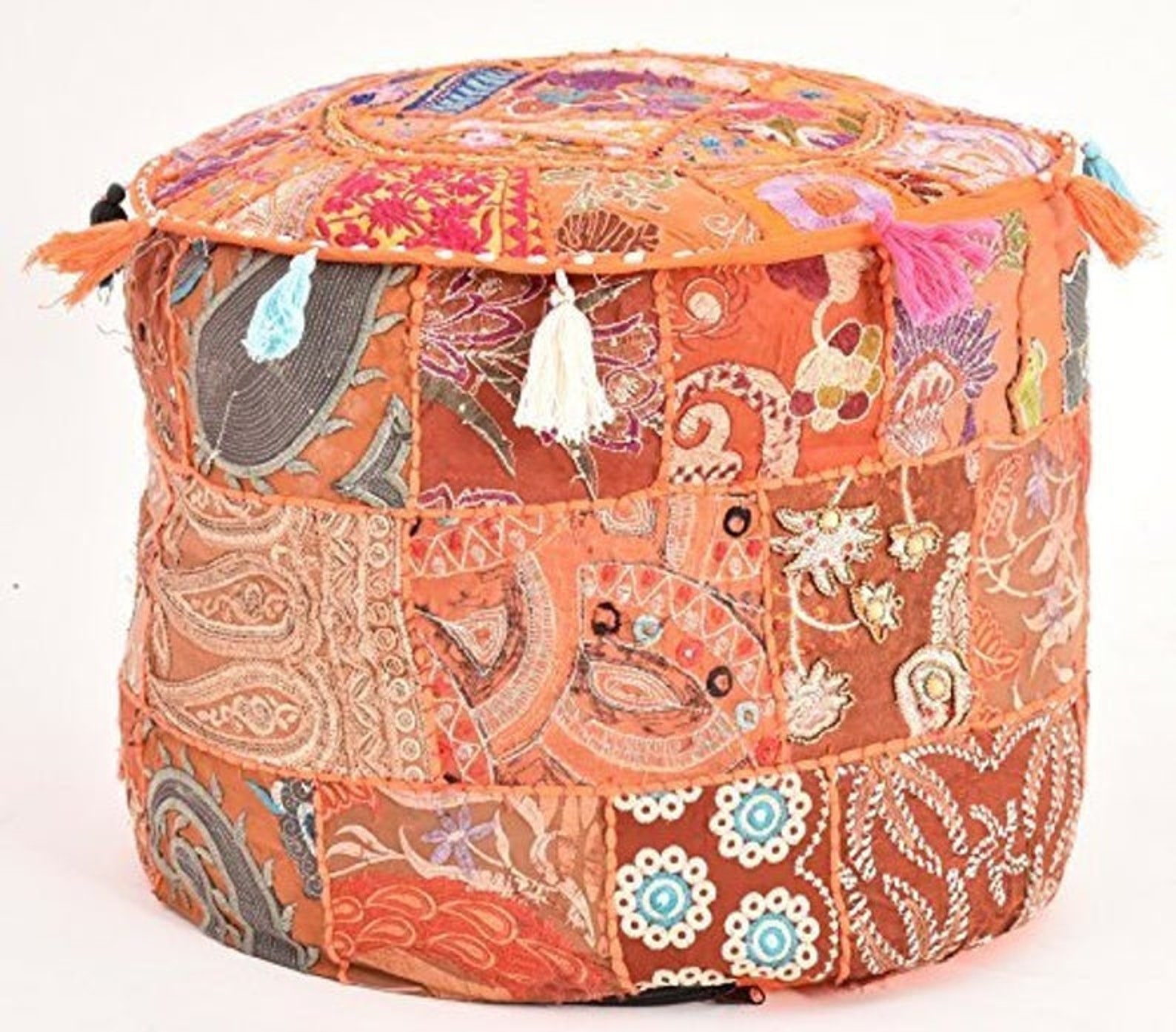 Embroidered Cotton Pouf Cover: Vintage Patchwork Ottoman, Bohemian ...