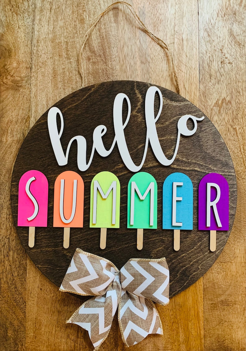 18" 3D Laser Cut Hello Summer Door Hanger, Popsicle Hello Summer Sign ...
