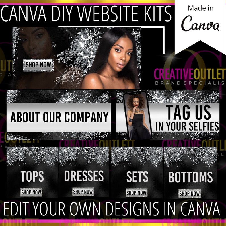 Black Silver Glitter Website DIY Canva Templates - Etsy