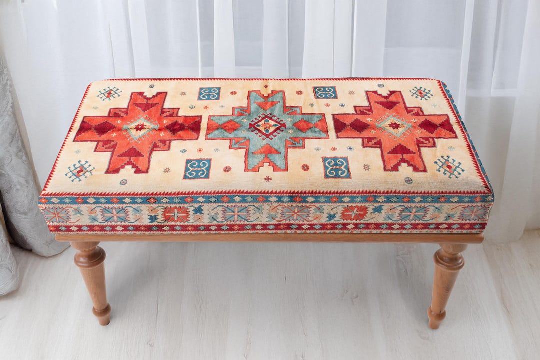 Geometric Kilim Pattern Bench, Orange Turkish Bench, Scandinavian Decor ...