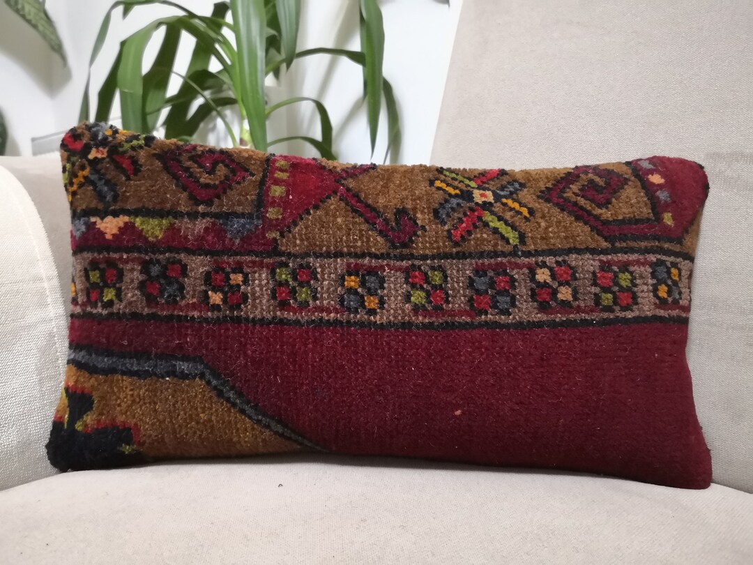 Rug Pillow Red 8x16 Inches Turkish Anatolian Lumbar Pillow Turkish Rug ...