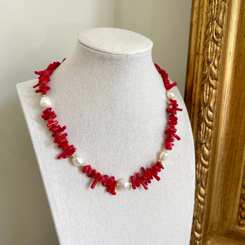 Coral and Freshwater Pearl Necklace - Etsy