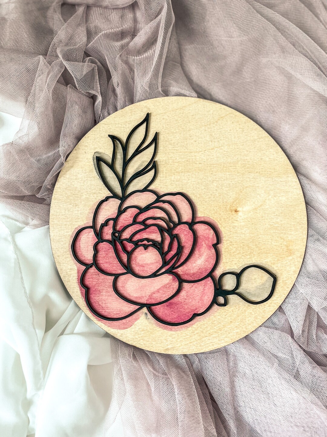 Watercolor Peony Wood Sign, Floral Line Art, Modern Wall Decor ...