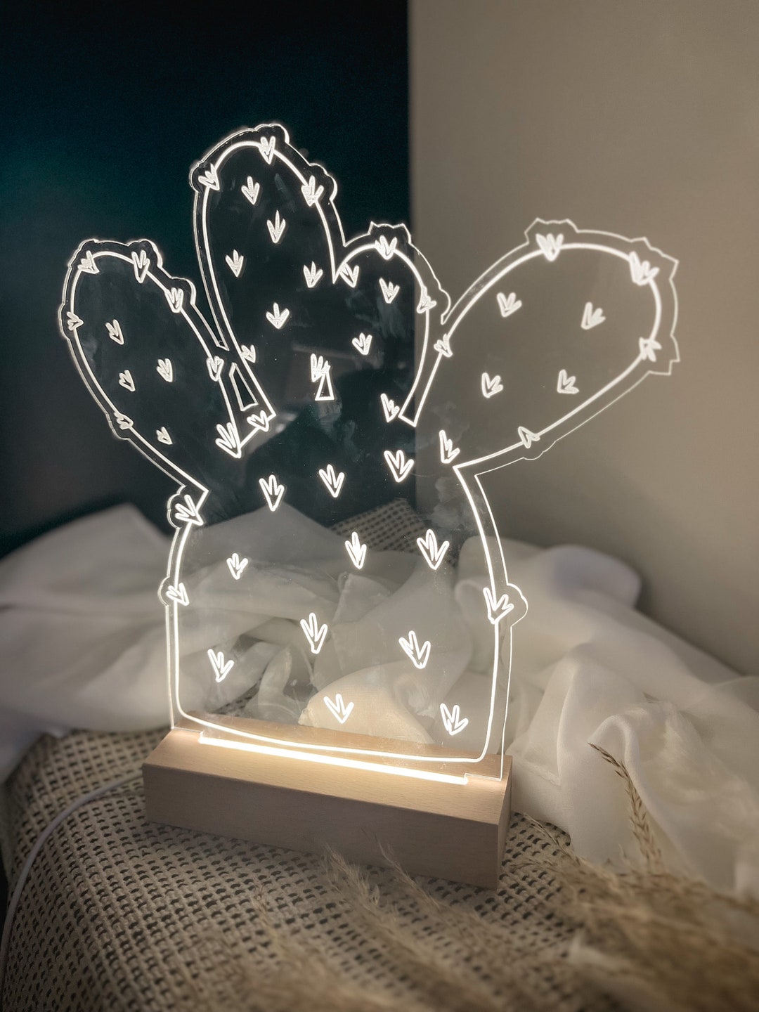 Boho Cactus Floral Acrylic Led Lamp, 3D Night Light Plant Lover, Modern ...