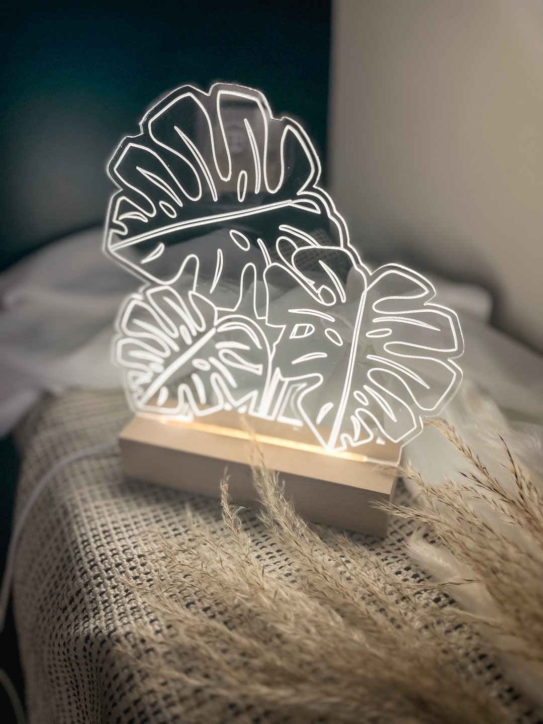 Boho Monstera Floral Acrylic Led Lamp, 3D Night Light Plant Lover ...