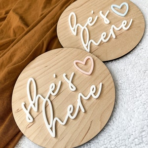 He's Here / She's Here Baby Announcement Sign, Newborn Photo Prop, Baby ...