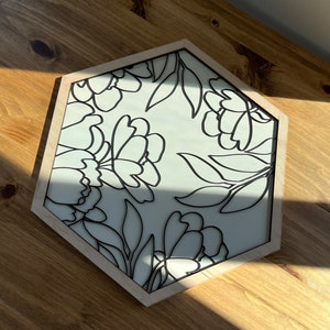 Large Floral Hexagon, Floral Outline Decor, Line Drawing, Modern Wall ...