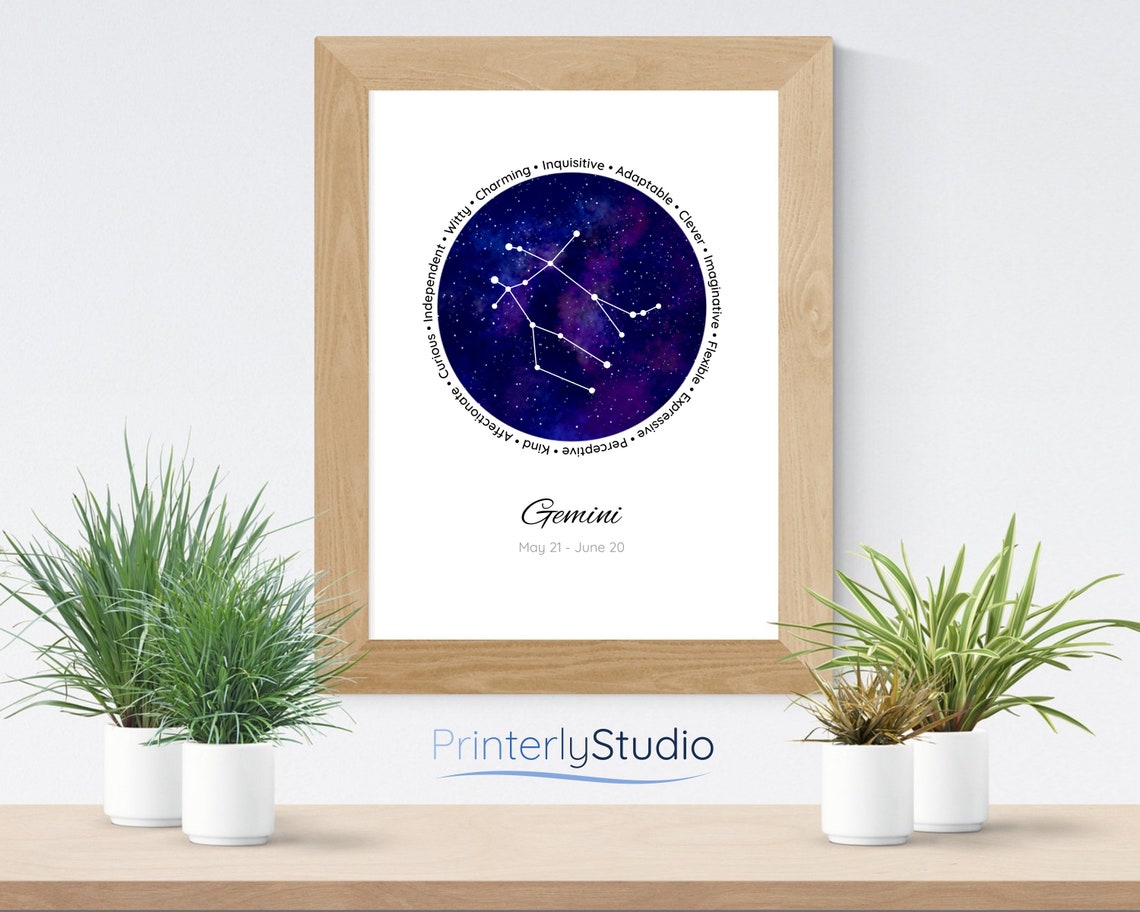 Gemini Art Print, Wall Art Printable, Digital Prints, Zodiac Gift ...