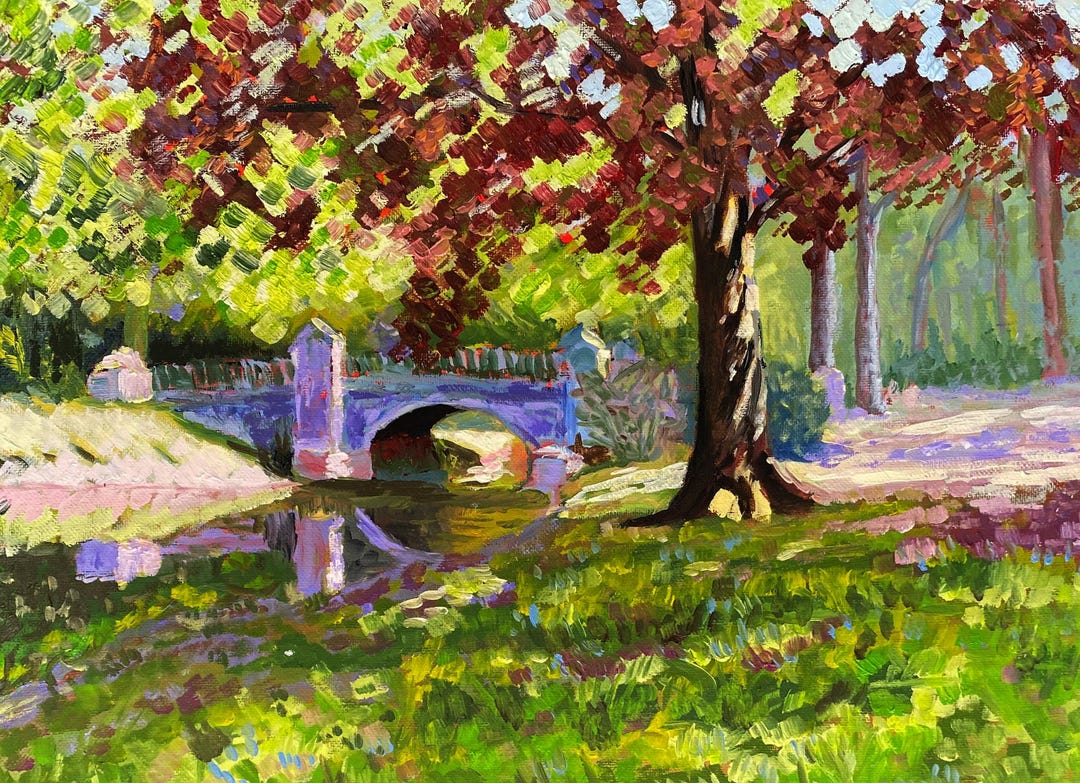 Impressionist Park Bridge Oil Painting: Tranquil Landscape Art 12x16 - Etsy