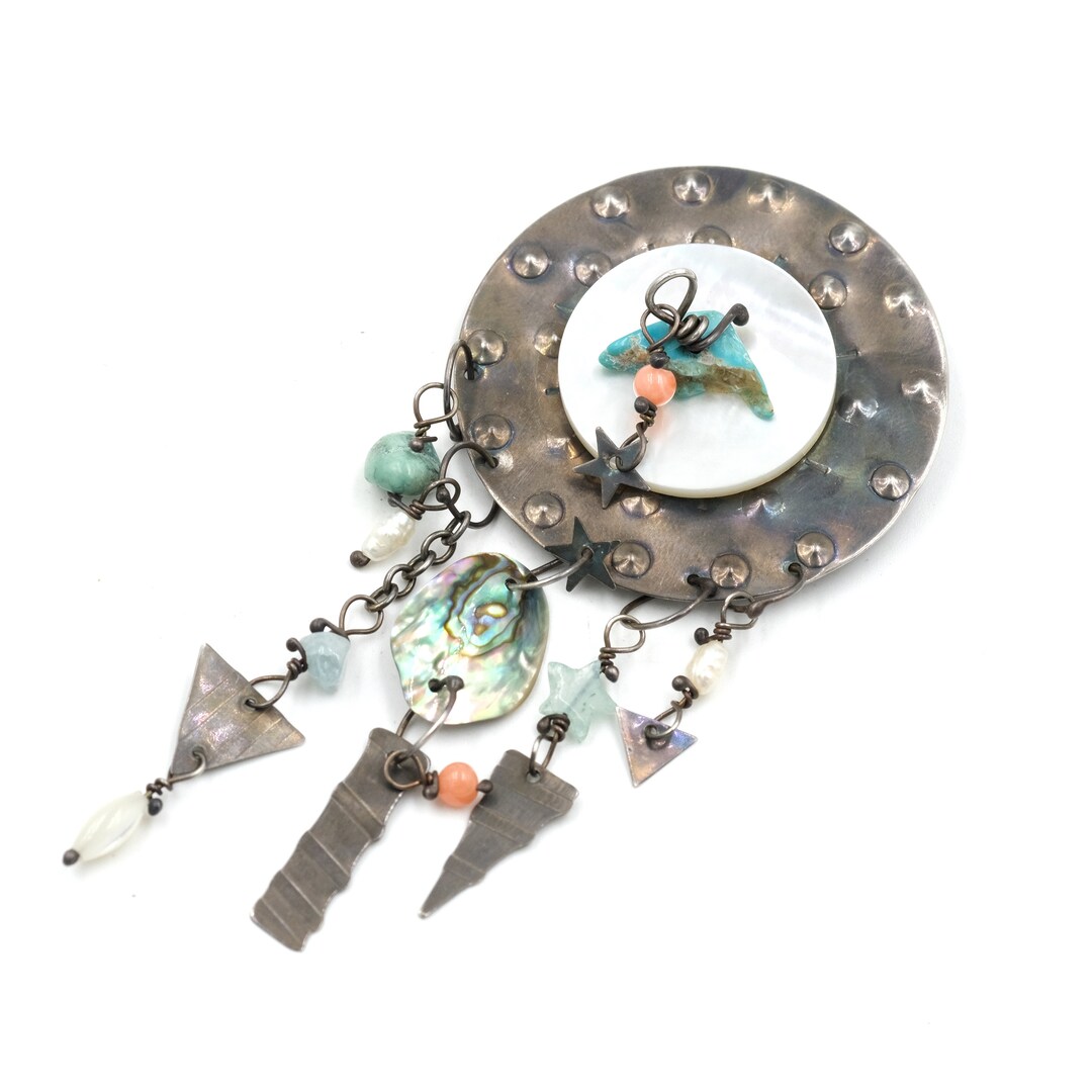 Vintage 90s Julie Shaw Sterling Silver & Stone Brooch ~4" // Mother of ...