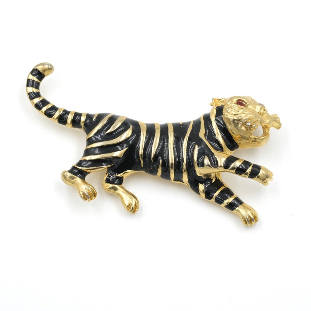 Vintage Tiger Enamel Brooch 2.9" // Big Cat Jewelry // Black and Gold ...