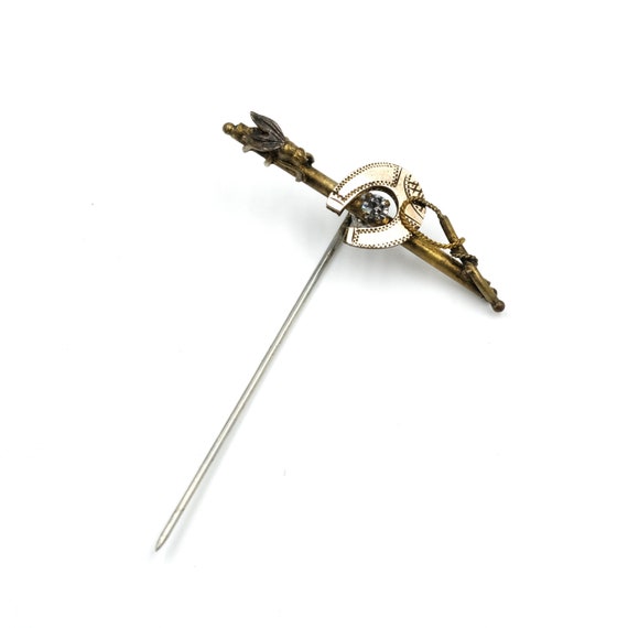 Antique Gold Toned Horseshoe, Fly & Crop Stick Pin //… - Gem