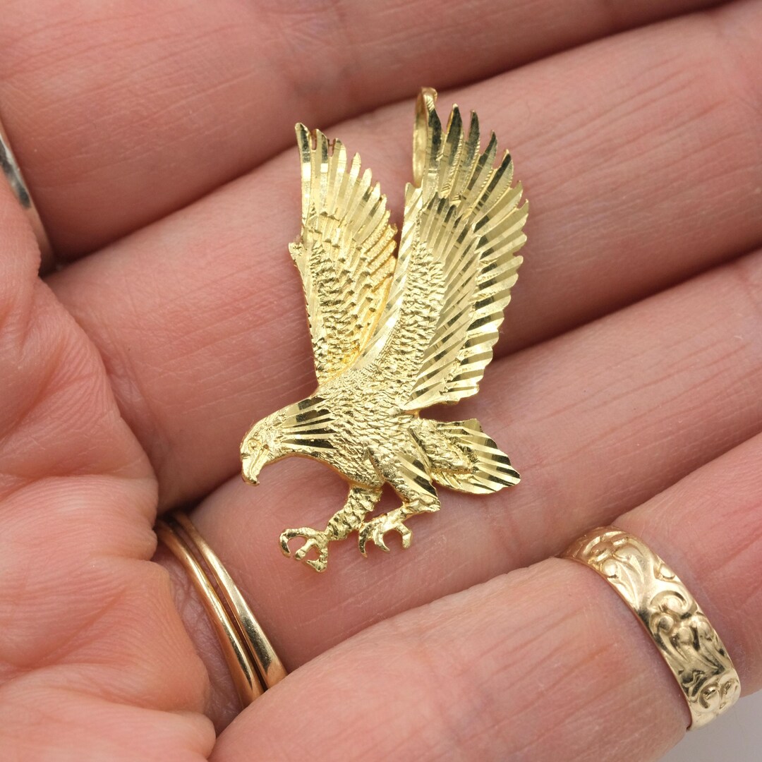 Vintage 14k Eagle Charm 1.2" // Biker Pendant // Yellow Gold Charm Necklace // Soaring Eagle ...