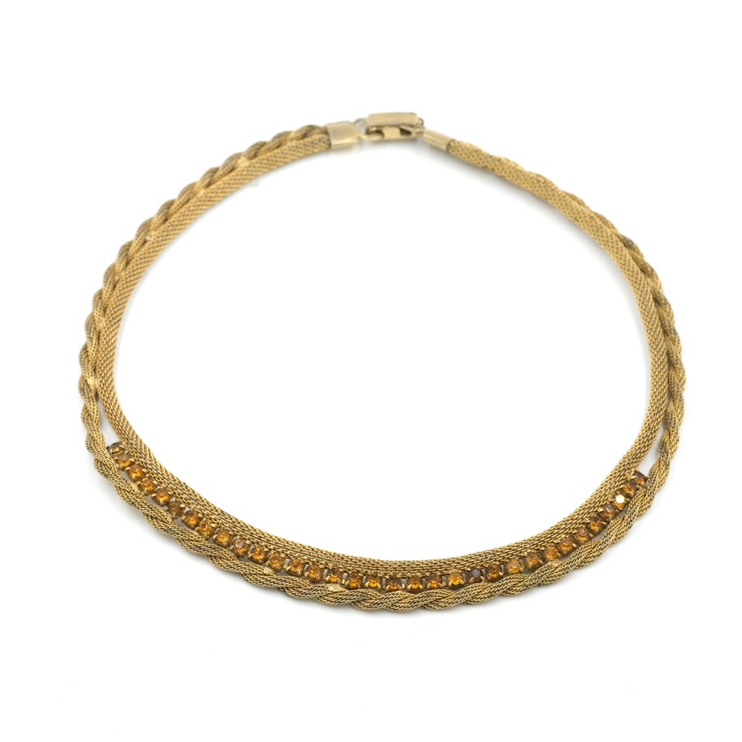 1960s Rhinestone Mesh Choker 14 // Mid Century Jewelry // Gold Tone ...