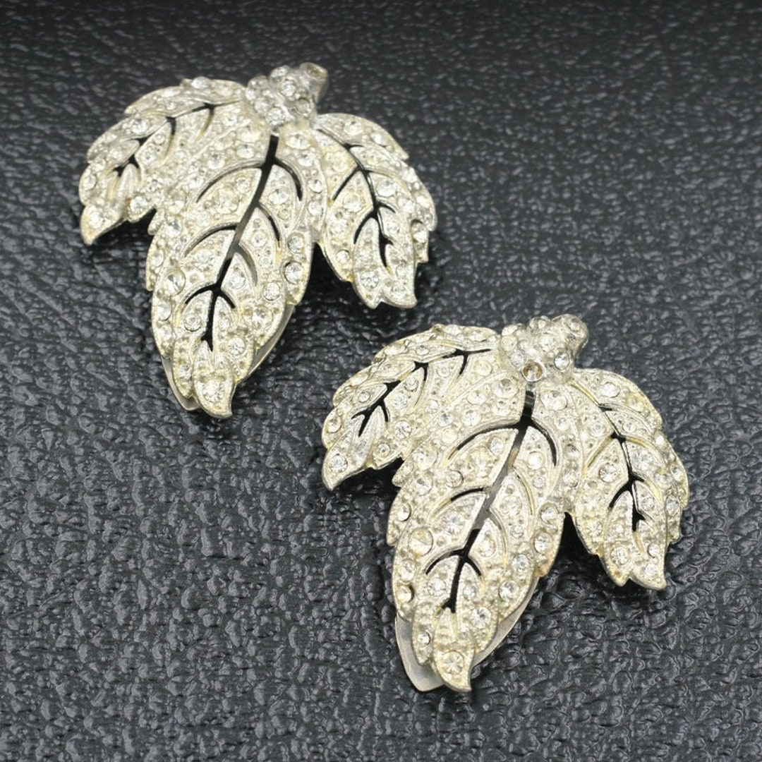 As is Vintage Rhinestone Leaf Dress Clips 1.87"// 1940s Silver Toned ...