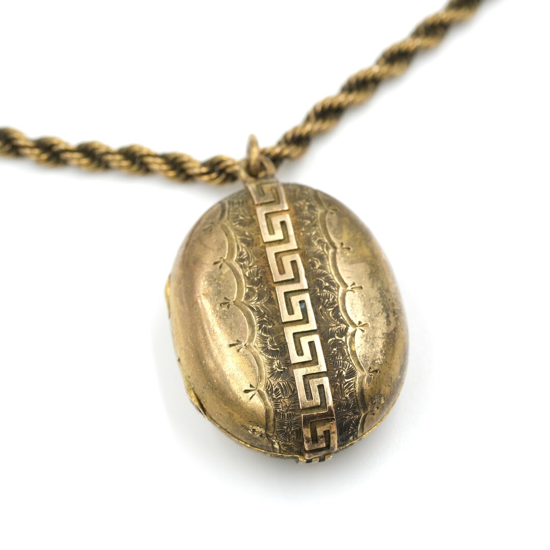 Victorian Greek Key Locket on Twisted Rope Chain 14.5" // Greek Revival ...
