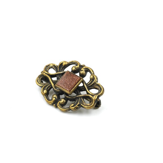 Vintage Brass & Goldstone Pin // Goldstone Brooch // … - Gem