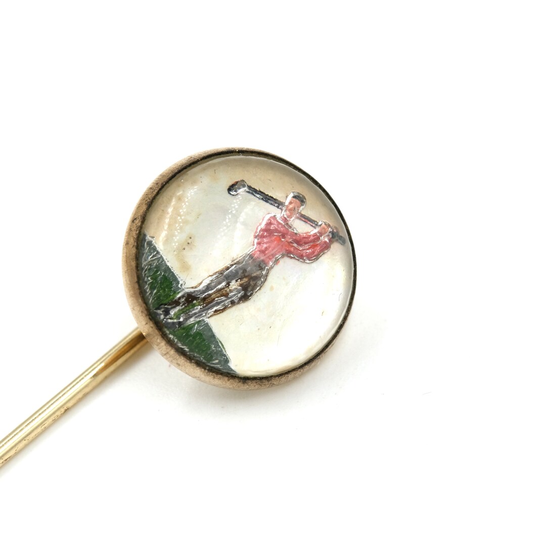 Vintage 14k Gold Filled Golfer Intaglio Reverse Painted Glass Stick Pin ...
