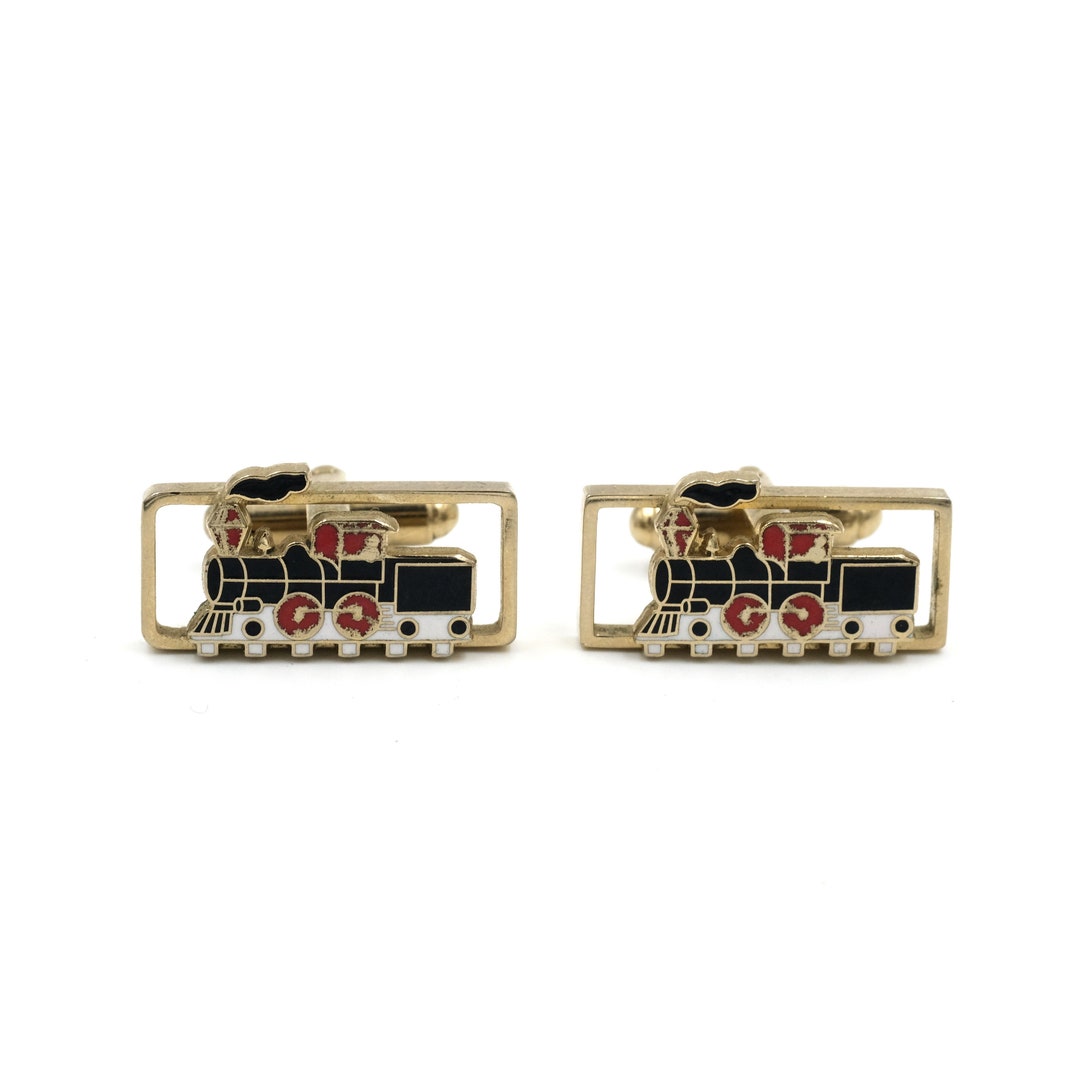 Vintage Enameled Train Cufflinks 1 // Steam Engine Cufflinks // Train ...