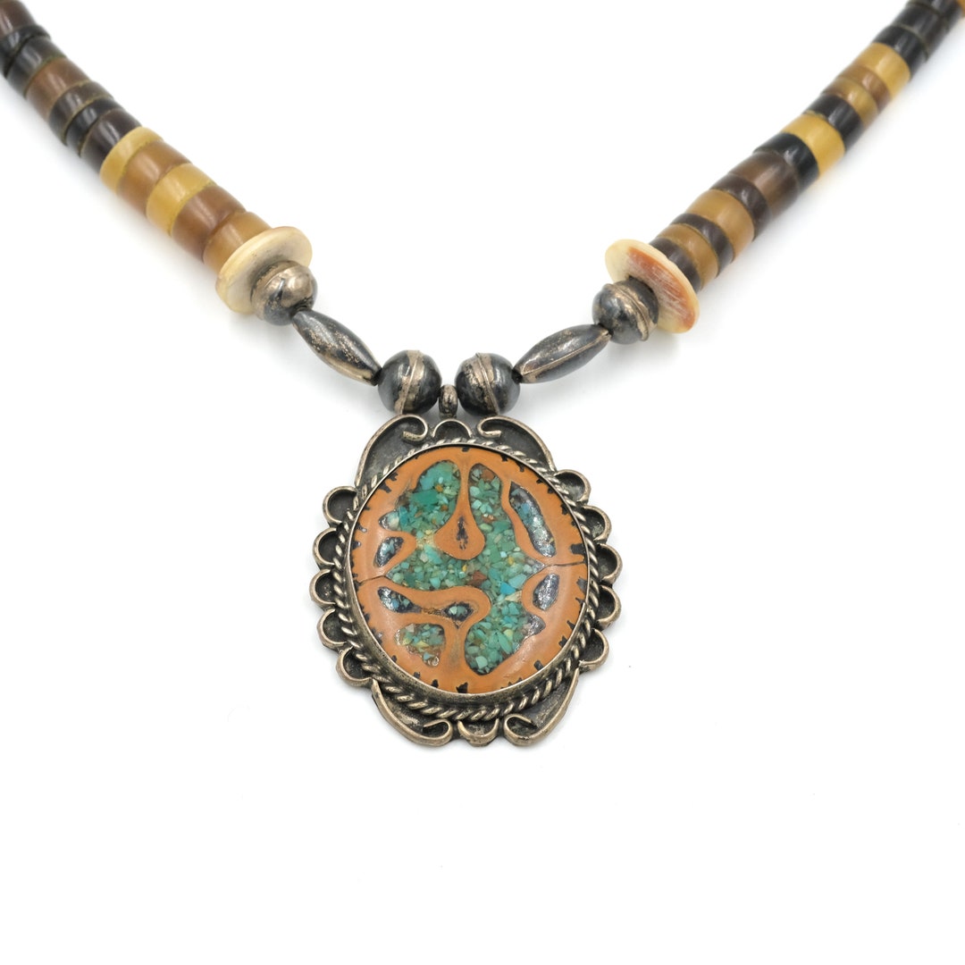1970s Sterling Walnut Shell Turquoise Chip Inlay Pendant Necklace 21 ...
