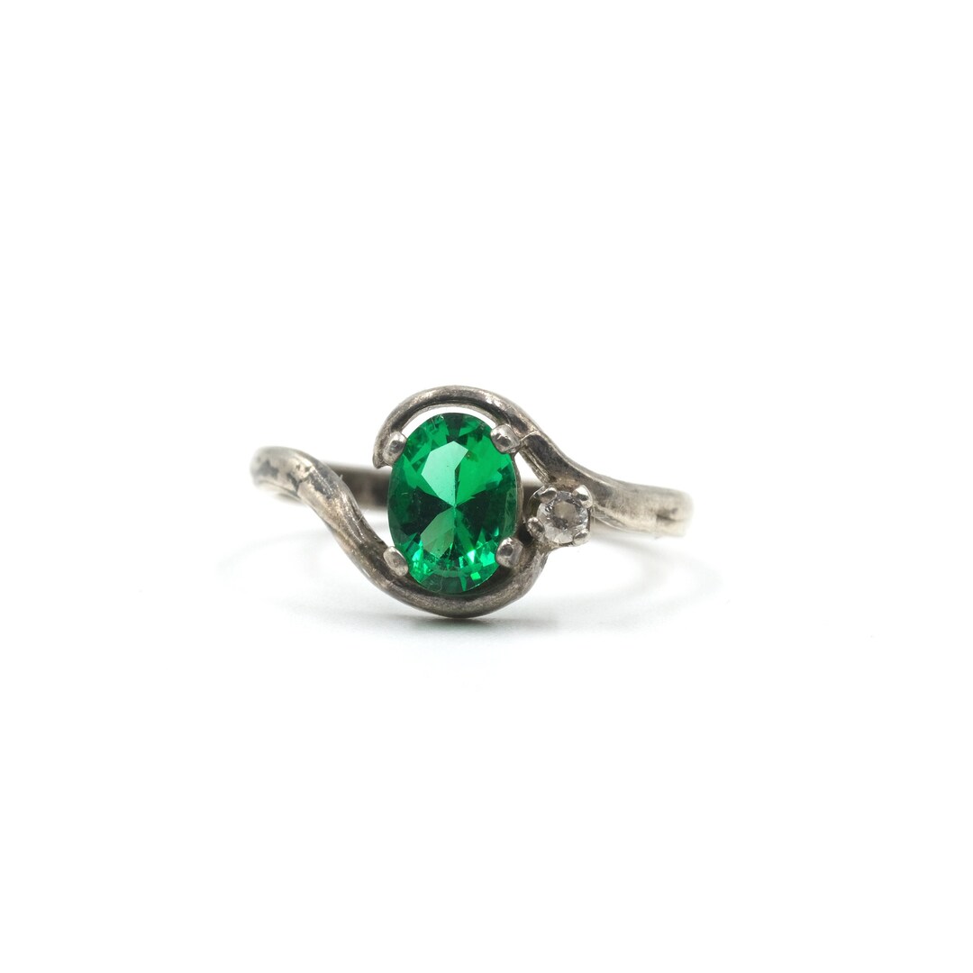 Size 5 // Vintage Sterling & Glass Ring // Vintage Faux Emerald Ring ...