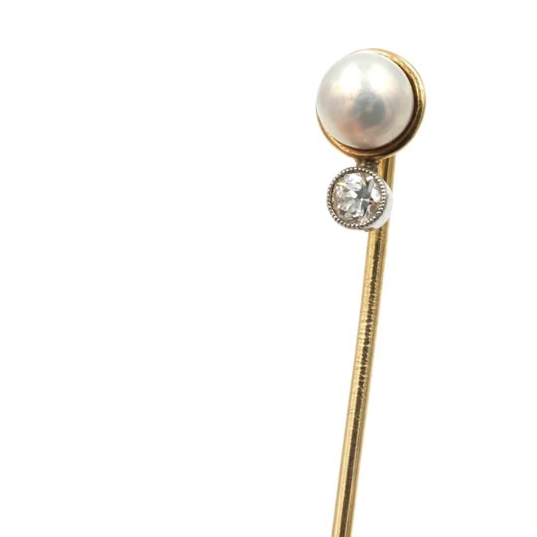 Antique 14k Gold Pearl & Diamond Stick Pin / 14k Stick Pin / Pearl ...