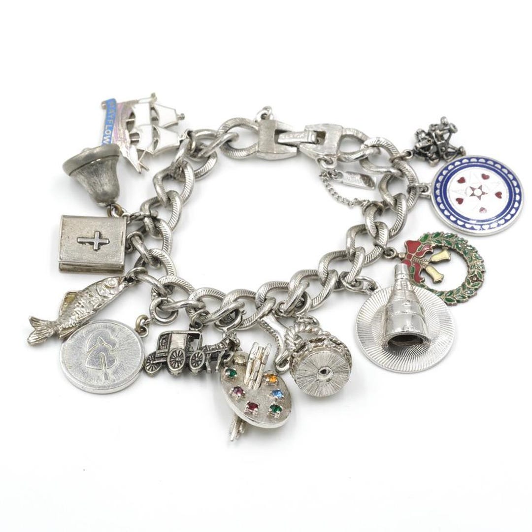 Vintage Monet Silver Toned Charm Bracelet on Heavy Chain // Love Heart ...