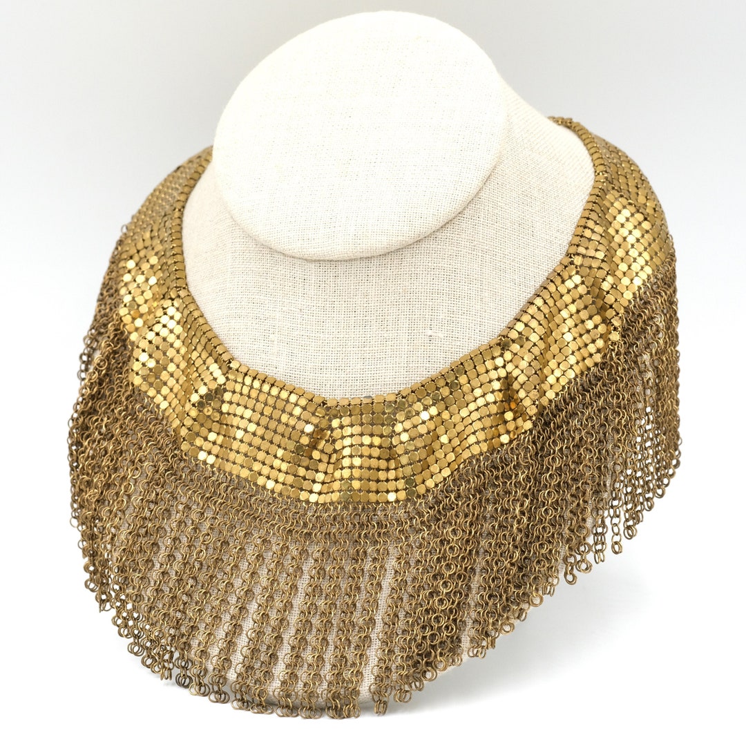 Vintage Mesh Fringe Choker 15.5" // Brass Mesh Jewelry // Gold Tone ...