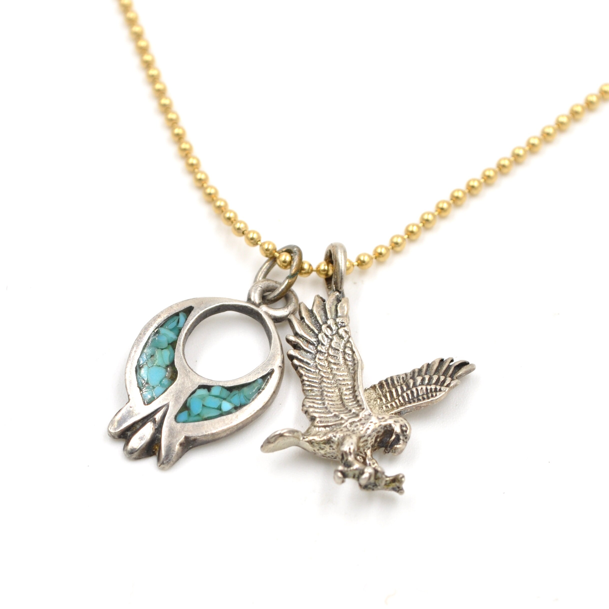 Vintage Eagle & Turquoise Inlay Blossom Charm Necklace 18.5 to 20.5" - Etsy