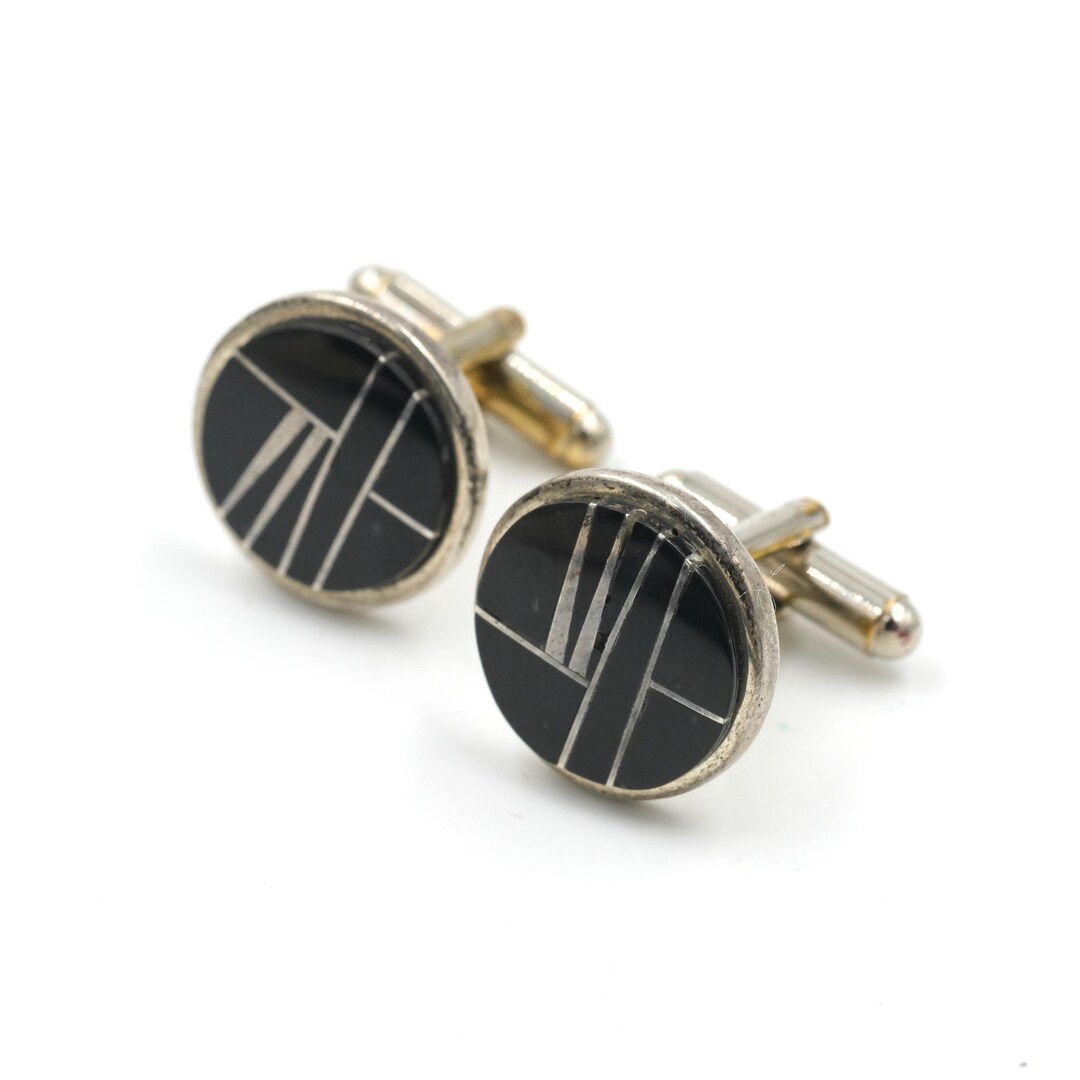 Vintage Onyx & Sterling Silver Channel Inlay Cufflinks .7" - Etsy