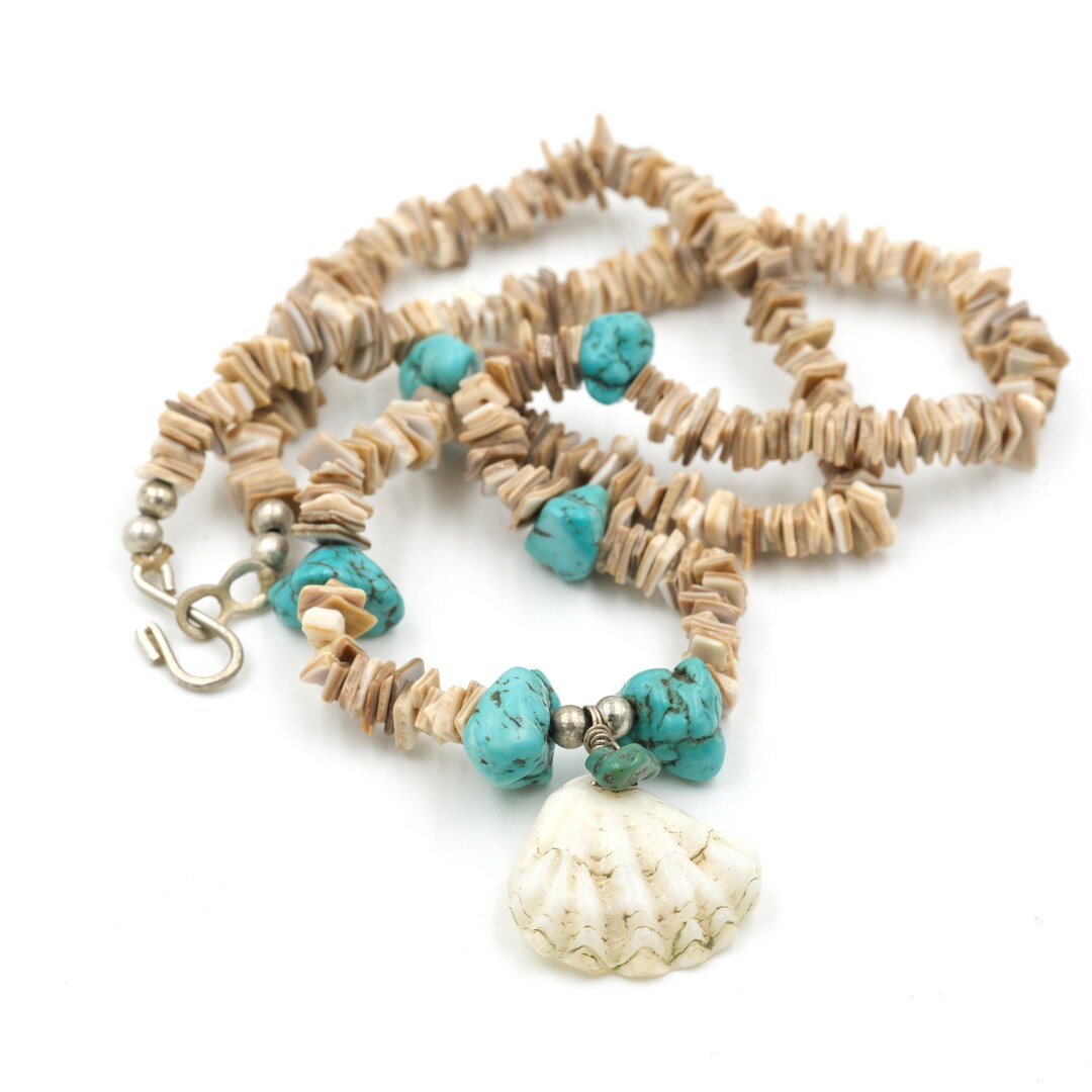Estate Vintage Turquoise & Shell Necklace 19.5" // 70s Turquoise Nugget ...