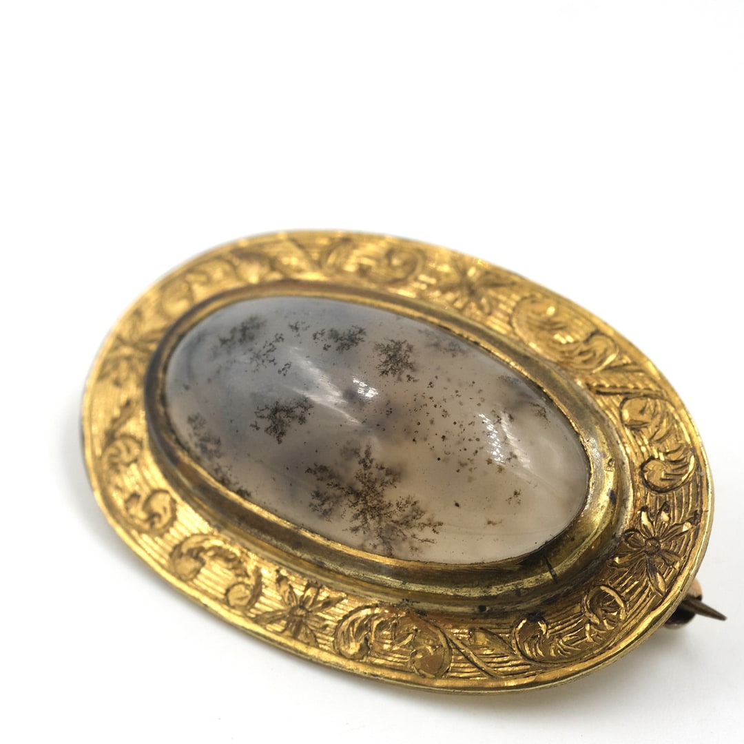 Antique Dendritic Agate Brooch // Gold Tone Agate Pin // Vintage Agate ...