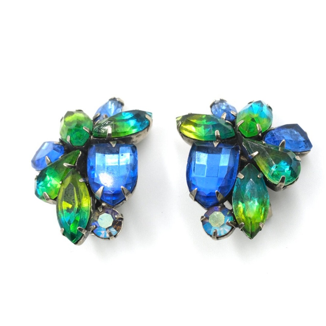 Vintage Kramer Vitrail Rhinestone Clip on Earrings 1.4" // Estate ...