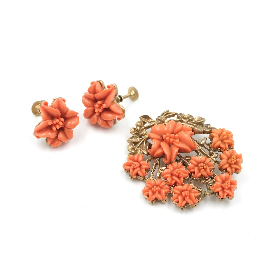 Vintage Gold Tone Faux Coral Flower Pin & Earring Set - Etsy