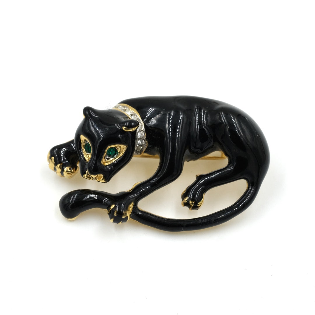 Vintage Black Cat Brooch Big Cat Pin Rhinestone Cat Etsy