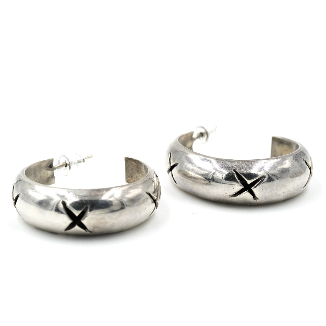 Vintage Taxco Sterling Silver Hoop Earrings 1.2 // Taxco Hoops // Funky ...