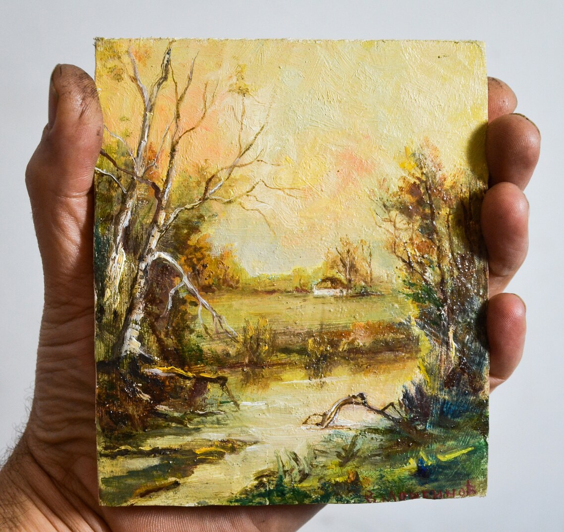 A Miniature Oil Painting on a Tree. Painting river in | Etsy