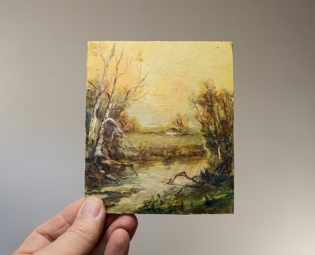 A Miniature Oil Painting on a Tree. Painting "river in the Autumn ...